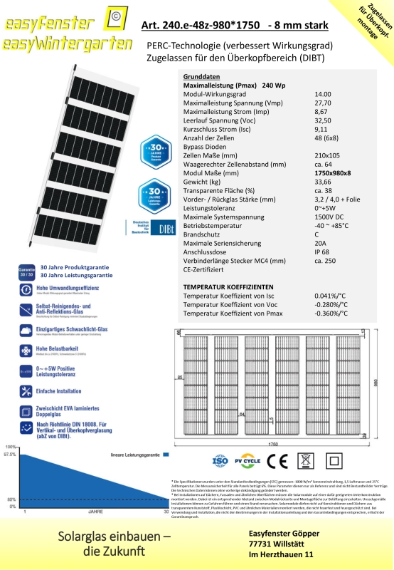 Doppelglasmodul für Terrassendachmodul 240 Wp - 980*1750, 240.e-48z